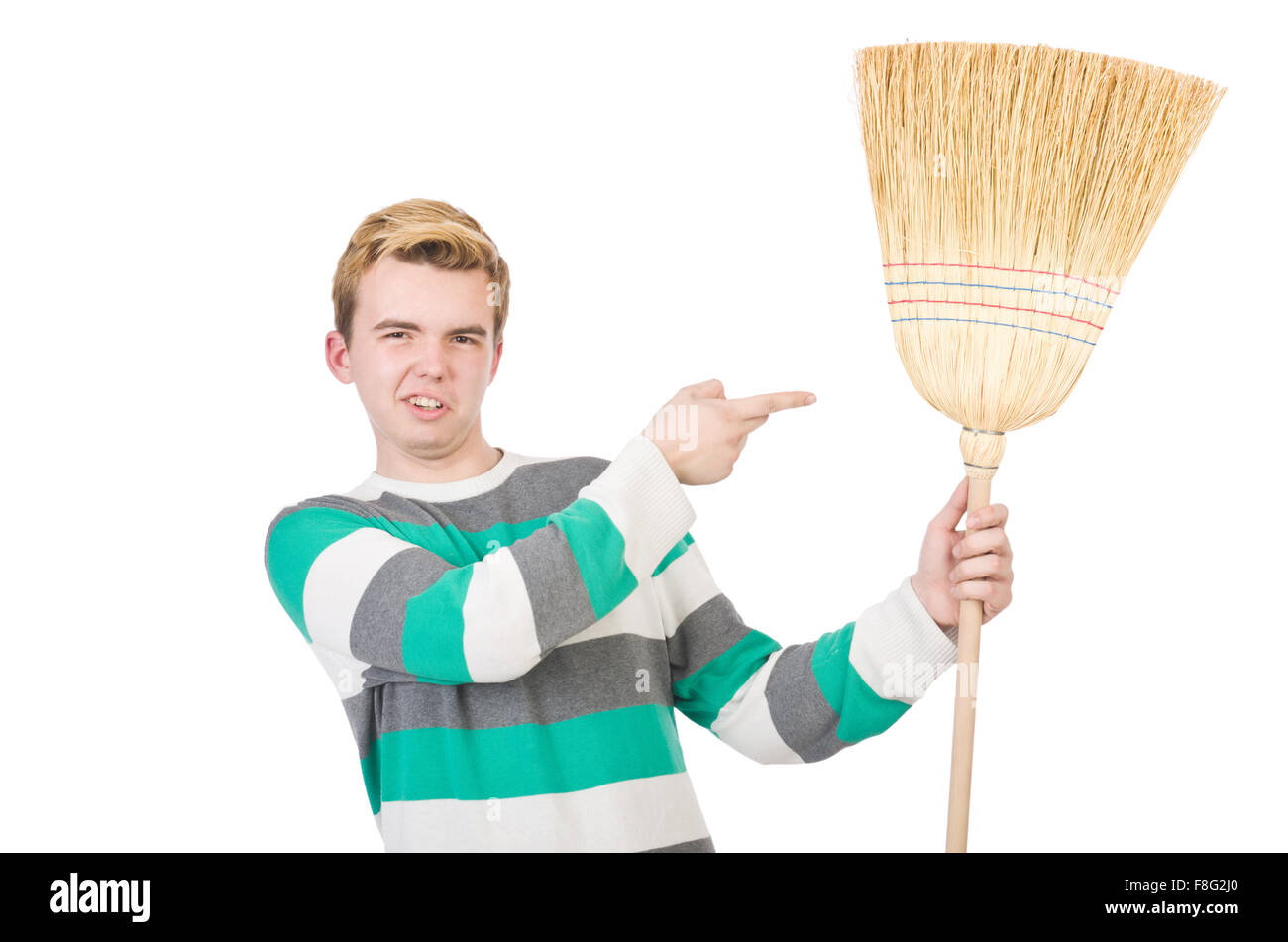 Funny man with mop isolated on white Stock Photo - Alamy