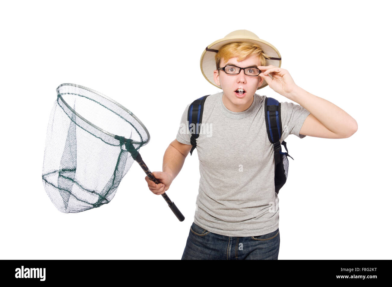 Funny guy with catching net on white Stock Photo - Alamy