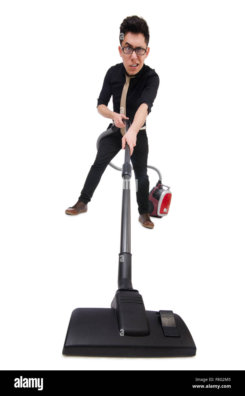 Man with vacuum cleaner isolated on white Stock Photo - Alamy