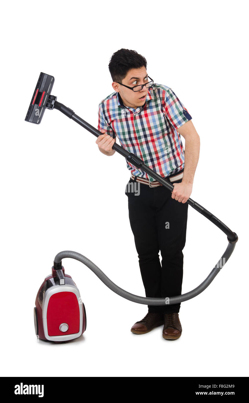 Funny man with vacuum cleaner on white Stock Photo - Alamy