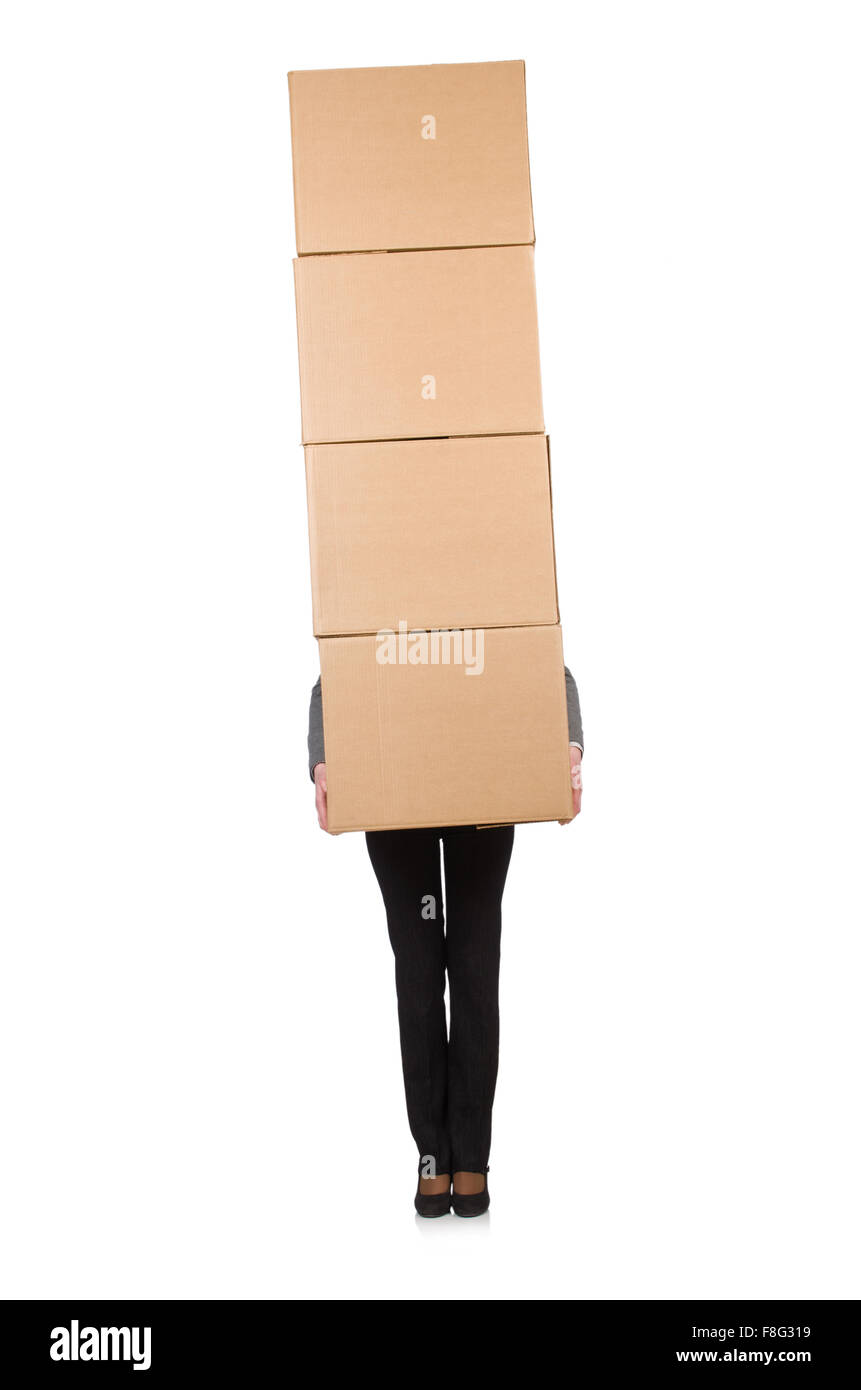 Woman carrying too heavy boxes Cut Out Stock Images & Pictures - Alamy