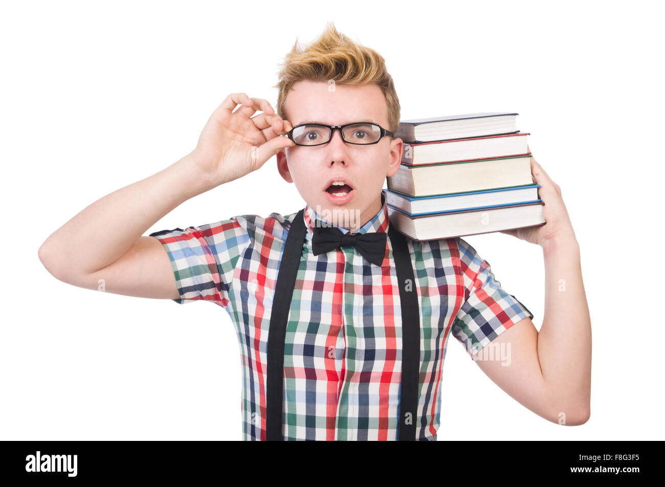 Funny student with stack of books Stock Photo - Alamy