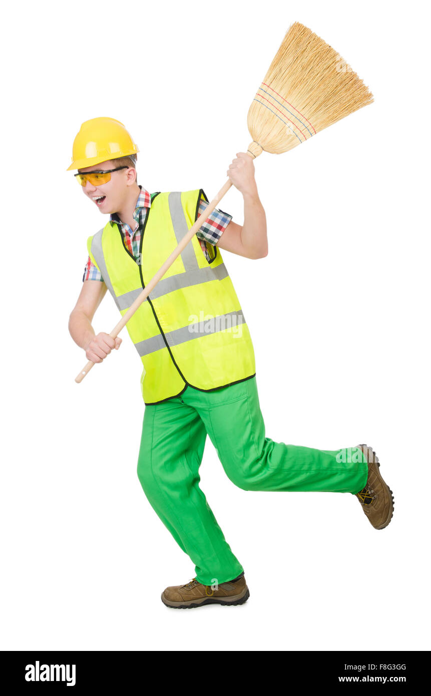 Funny janitor with broom isolated on white Stock Photo - Alamy