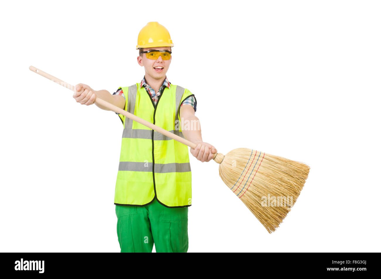 Funny janitor with broom isolated on white Stock Photo - Alamy