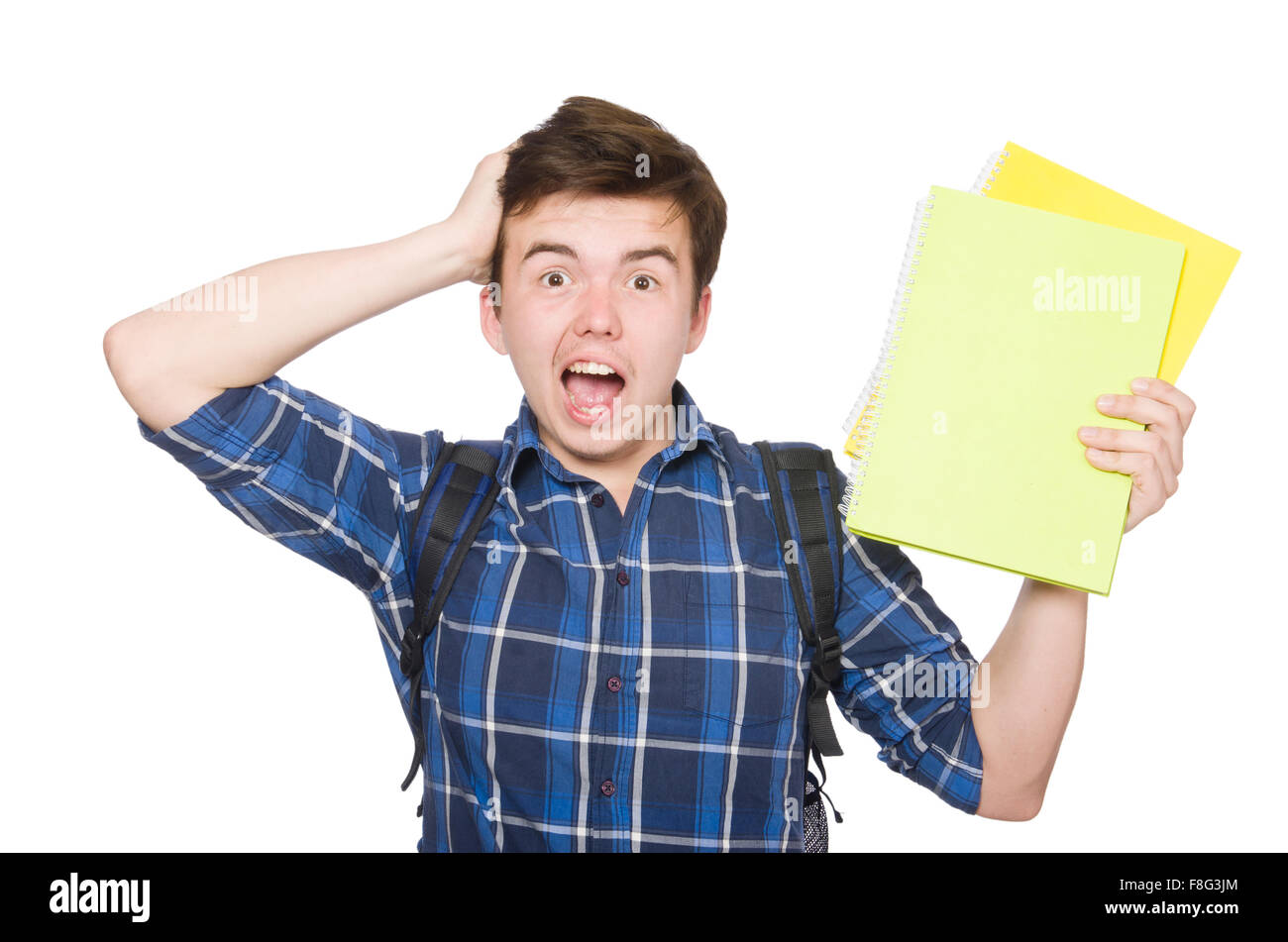Young student with book on white Stock Photo - Alamy
