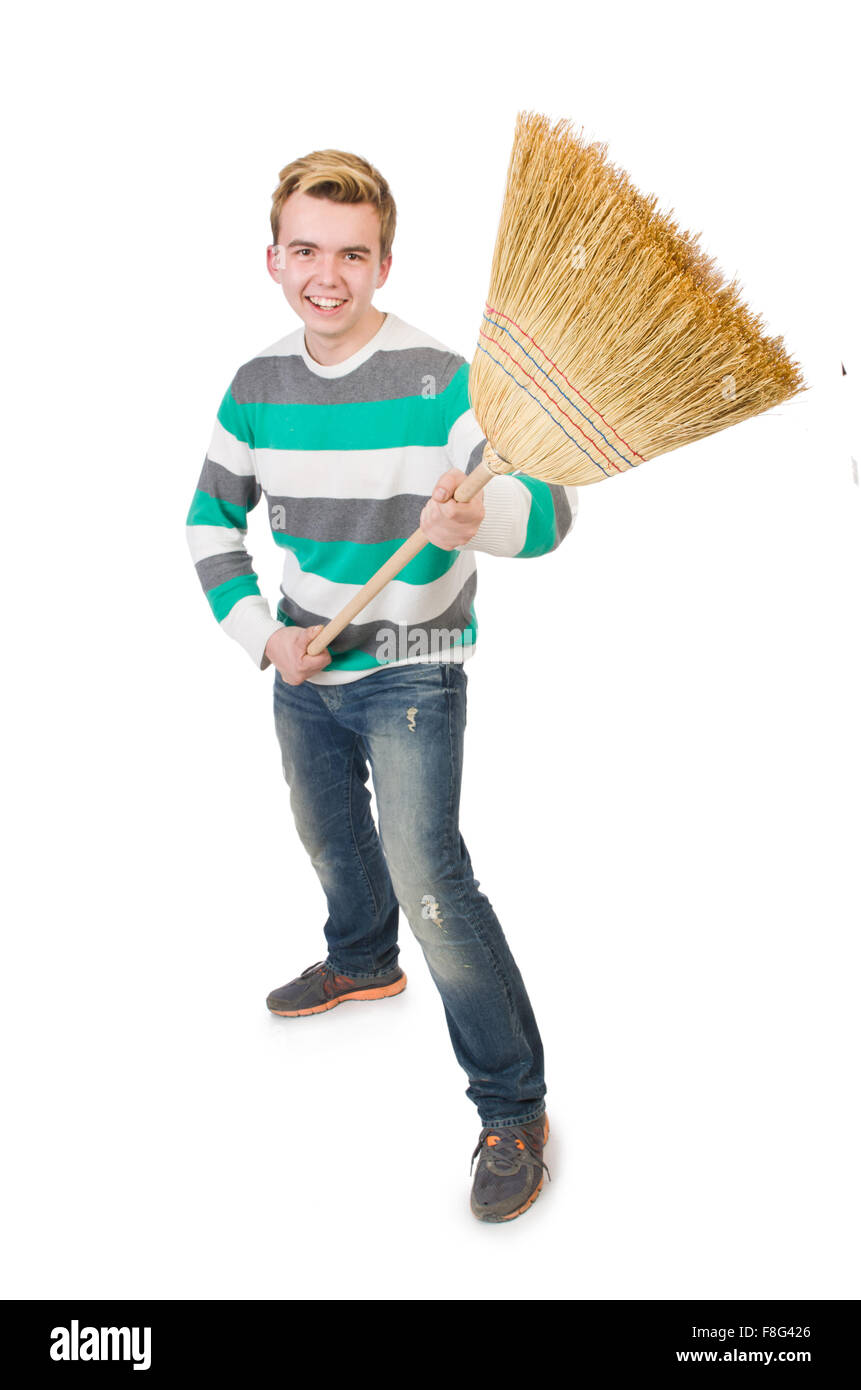 Funny man with mop isolated on white Stock Photo - Alamy