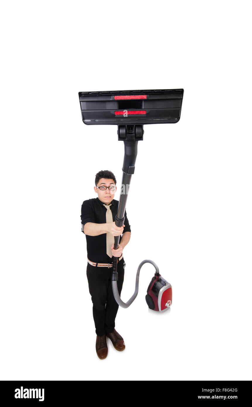 Man with vacuum cleaner isolated on white Stock Photo - Alamy