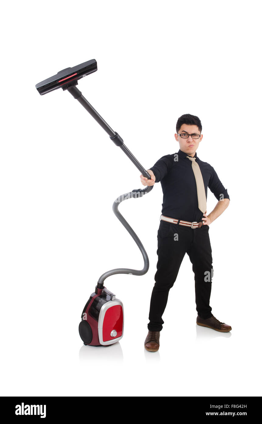 Man with vacuum cleaner isolated on white Stock Photo - Alamy