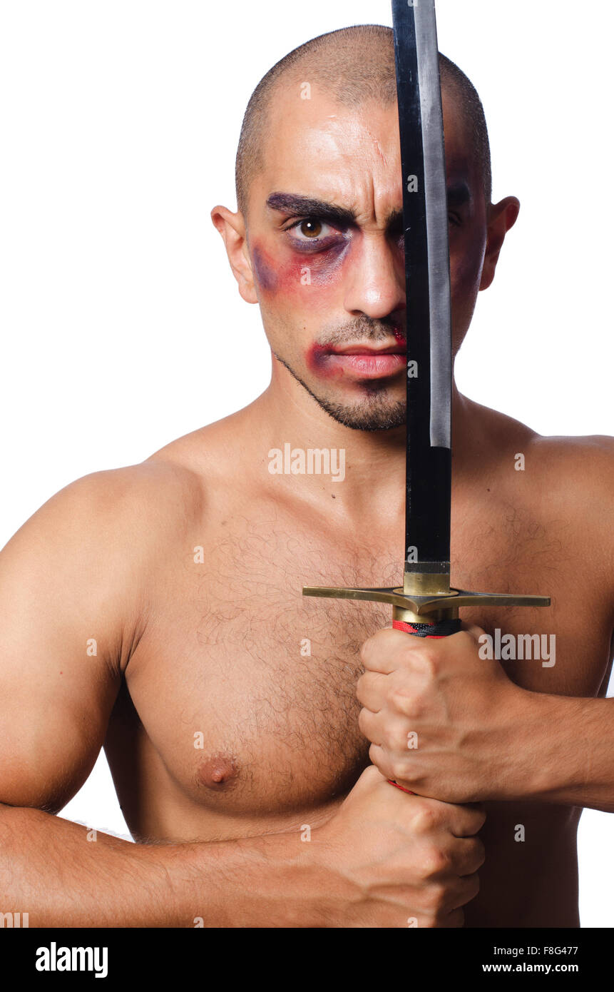 Man with sword isolated on white Stock Photo - Alamy