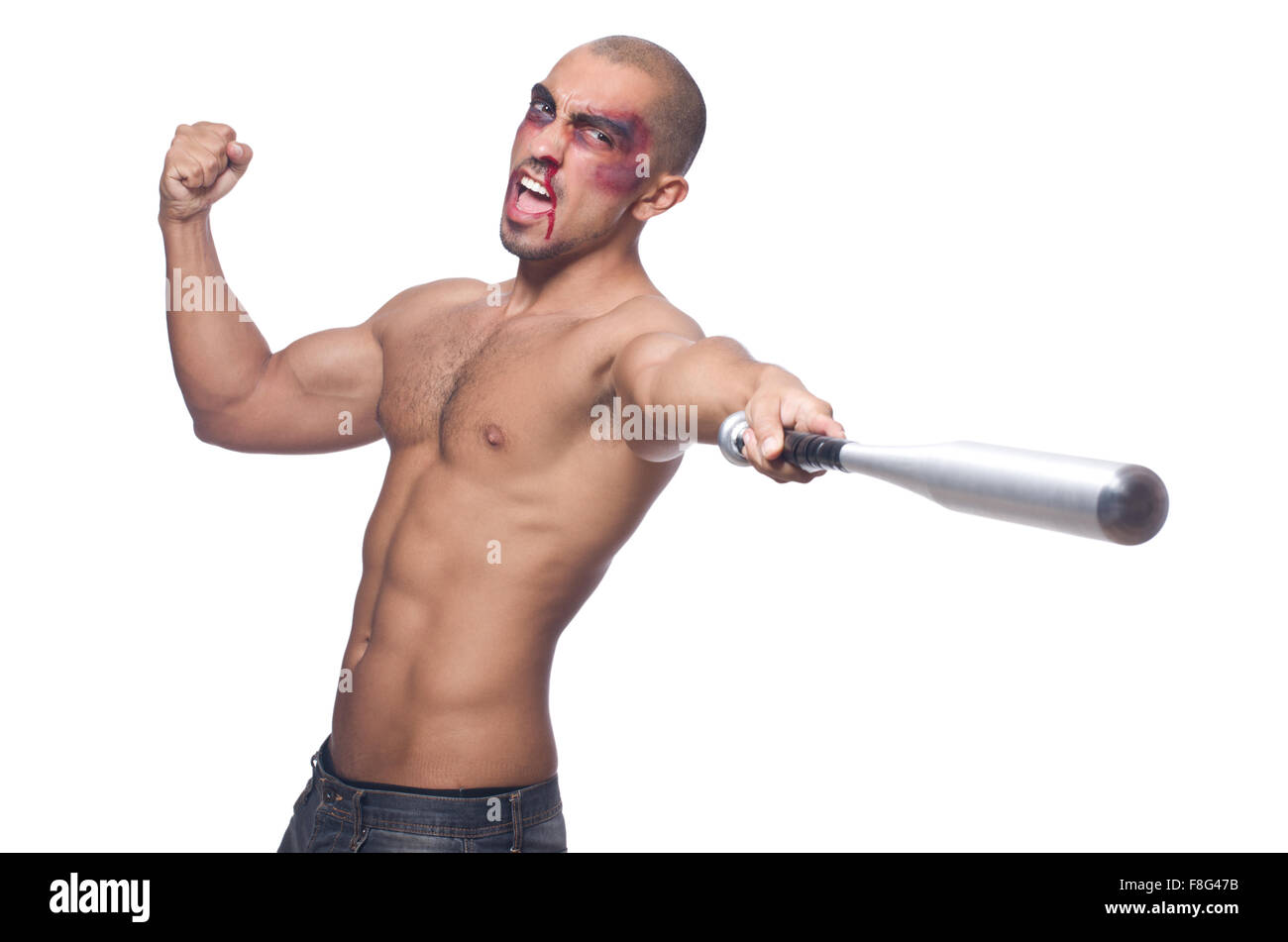 Ripped man with baseball bat on white Stock Photo - Alamy