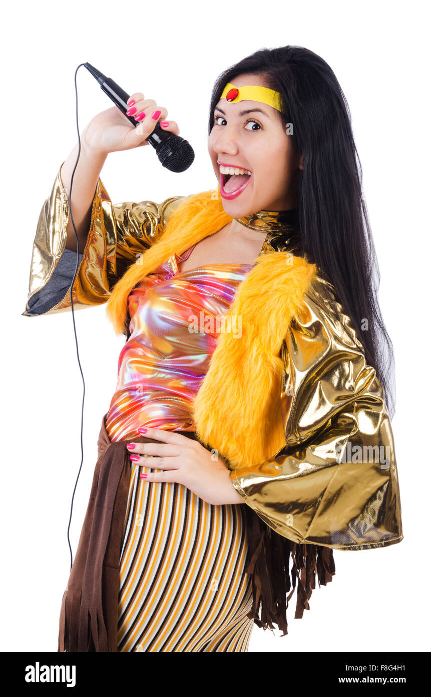 Woman in spanish clothing with mic Stock Photo - Alamy