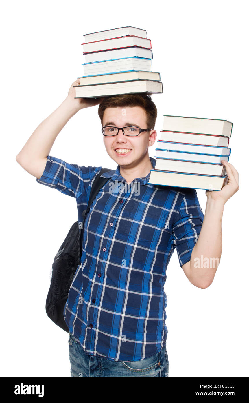 Funny student with stack of books Stock Photo - Alamy