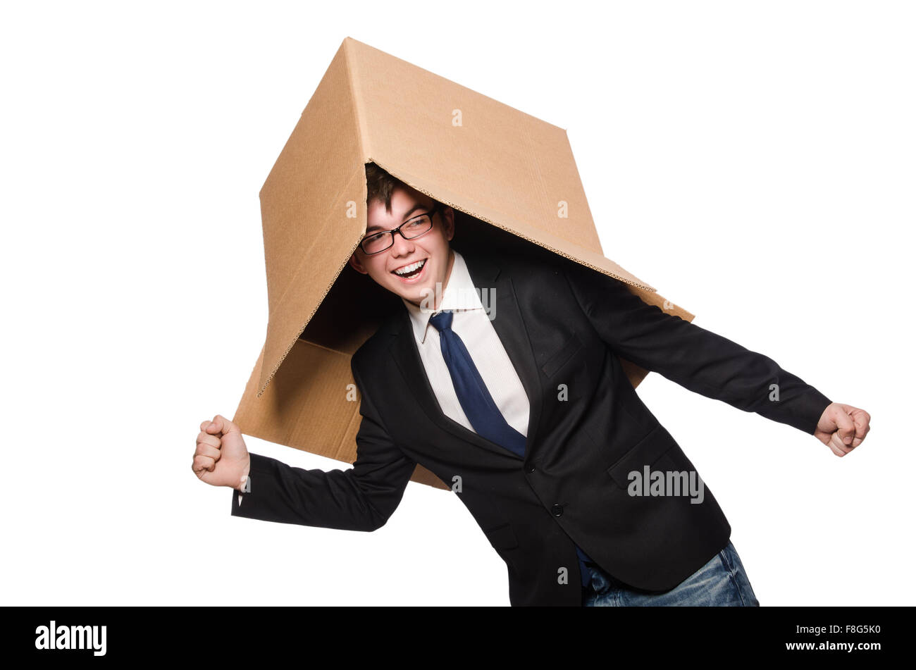Funny man with boxes isolated on white Stock Photo - Alamy