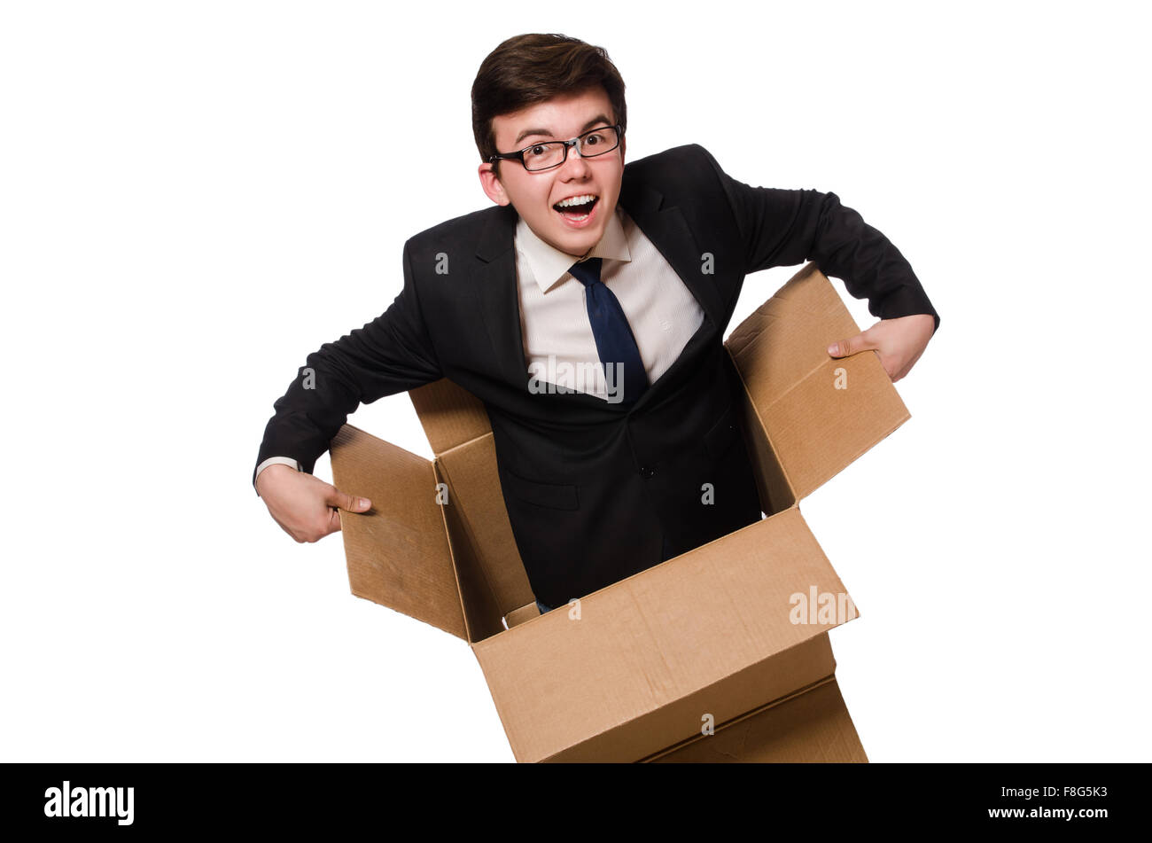 Funny man with boxes isolated on white Stock Photo - Alamy