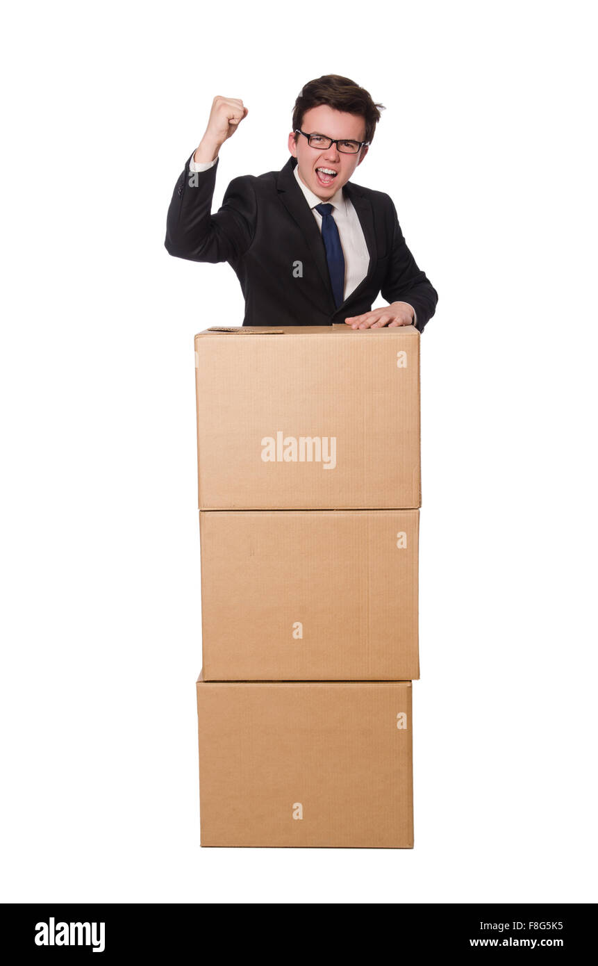 Funny man with boxes isolated on white Stock Photo - Alamy