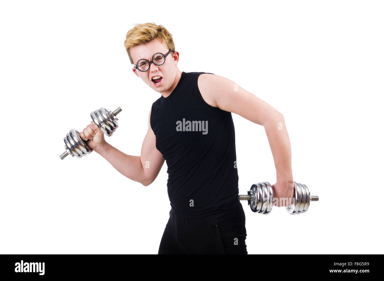 Man with dumbbells isolated on white Stock Photo - Alamy