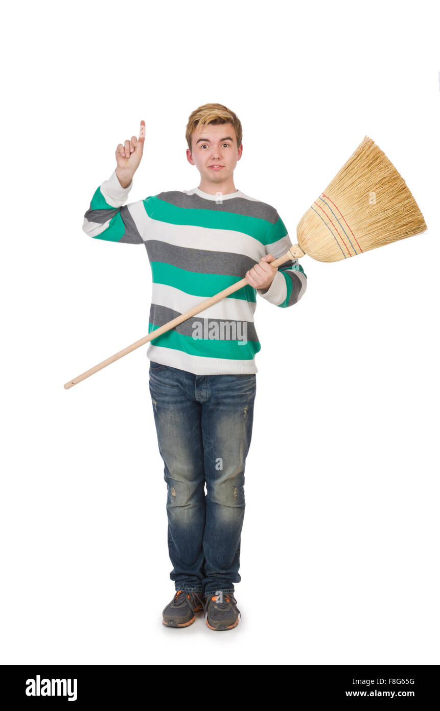Funny man with mop isolated on white Stock Photo - Alamy