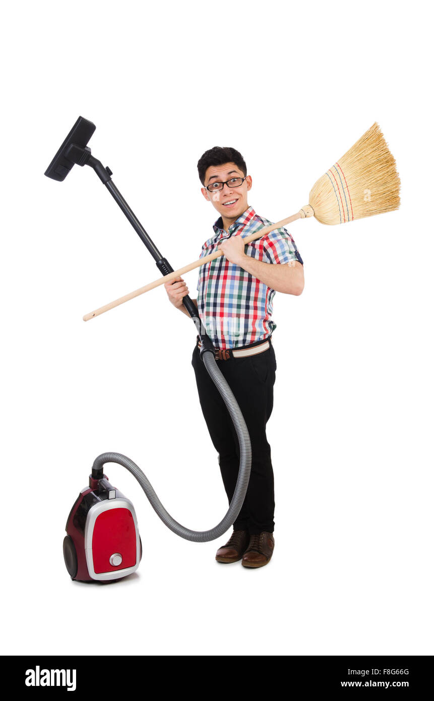 Man with vacuum cleaner and broom on white Stock Photo - Alamy
