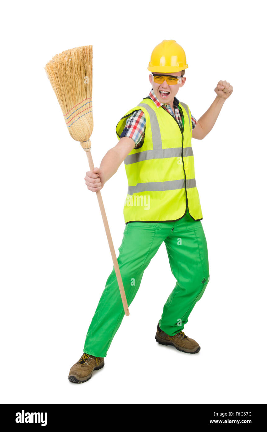 Funny janitor with broom isolated on white Stock Photo - Alamy