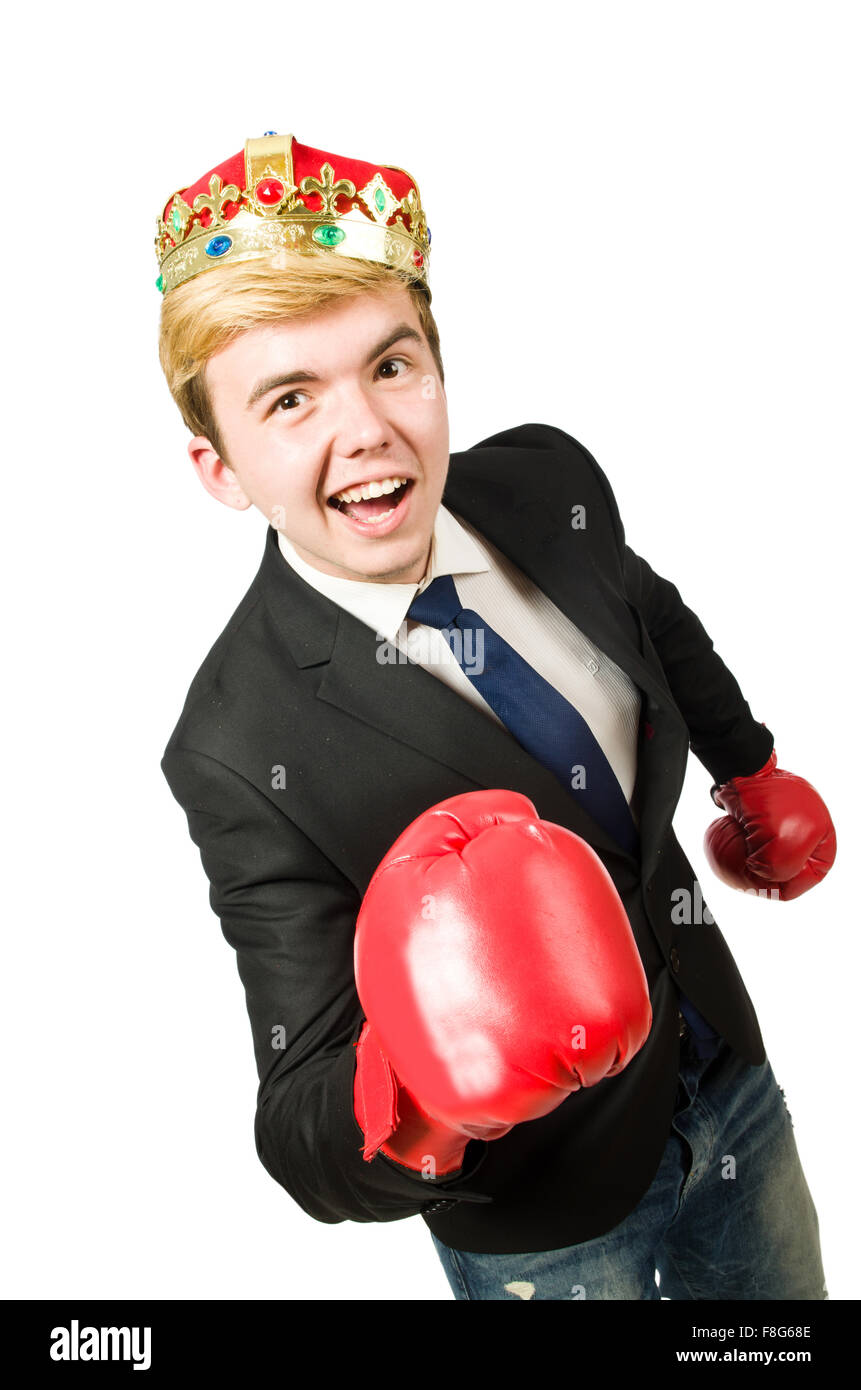 Funny businessman with crown and boxing gloves Stock Photo - Alamy