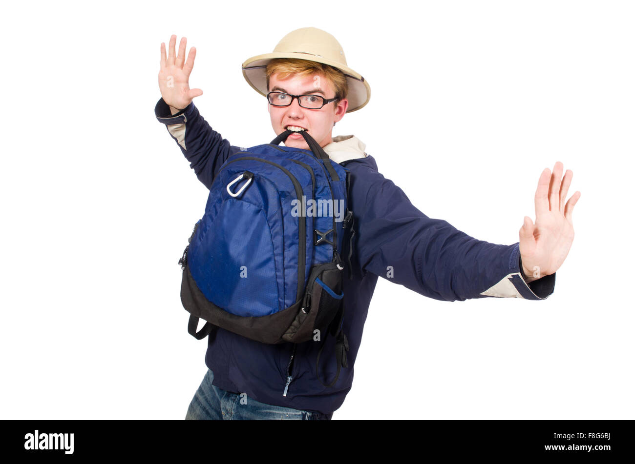 Funny student wearing safari hat Stock Photo - Alamy