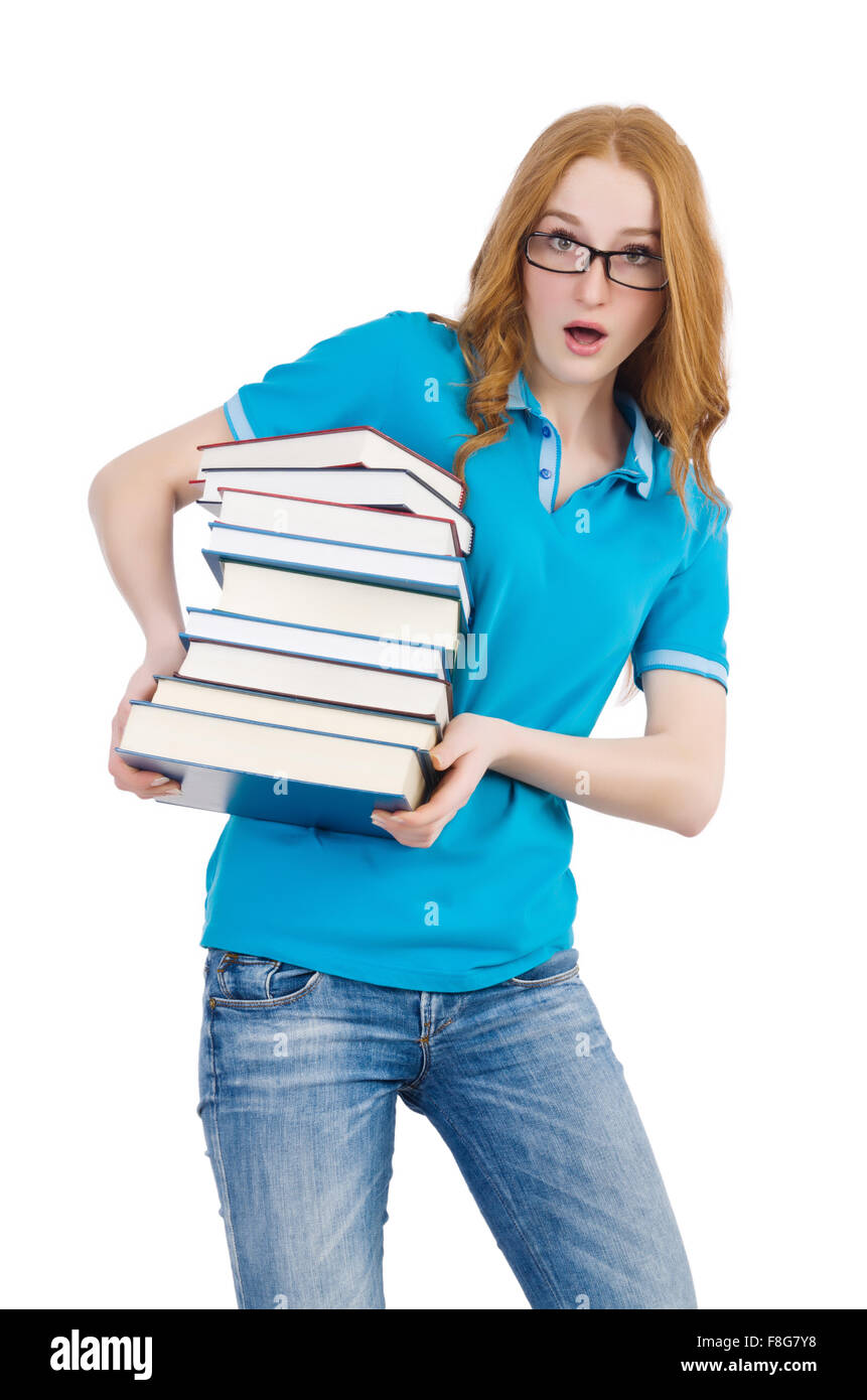 Funny student with stack of books Stock Photo - Alamy