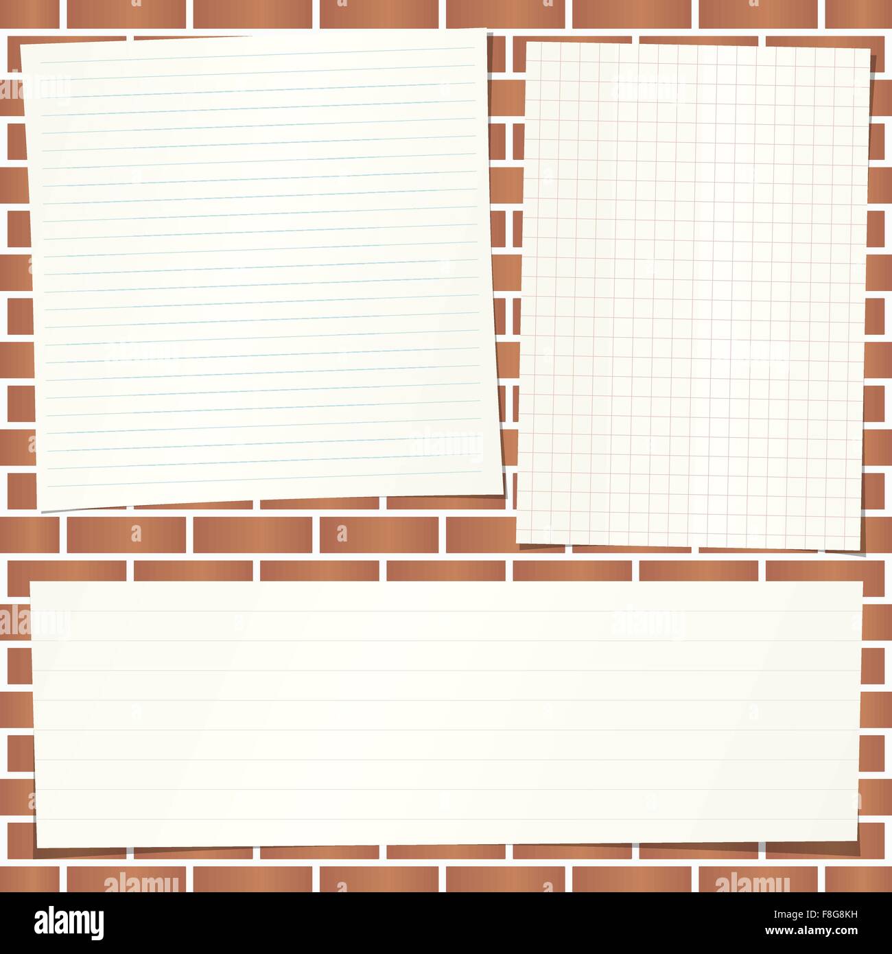 Set of light beige note papers with colorful lines and grid on brown ...