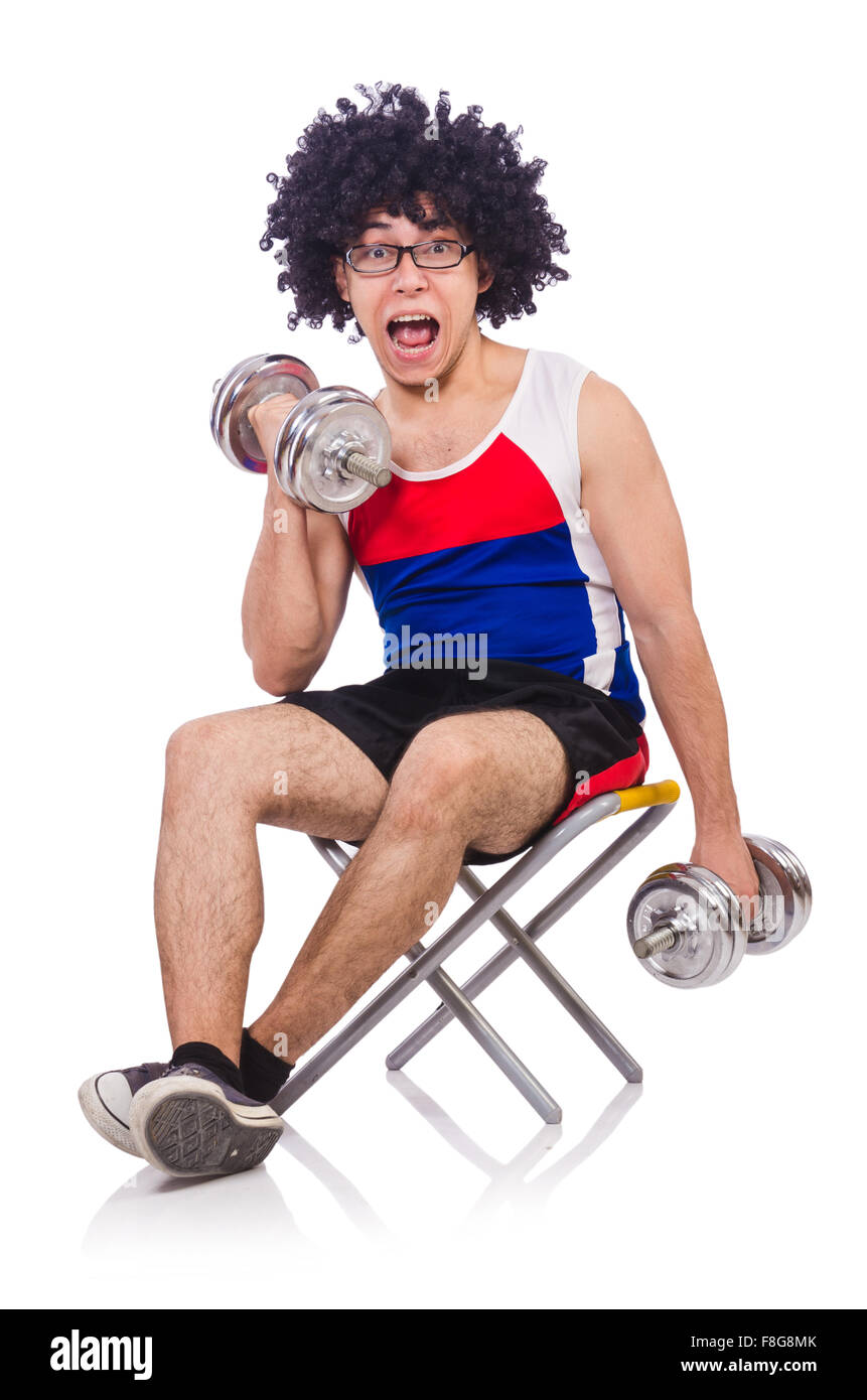 Funny guy with dumbbels on white Stock Photo - Alamy