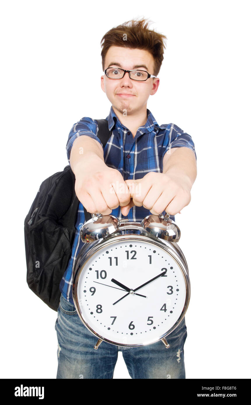 Student missing his studying deadlines on white Stock Photo - Alamy