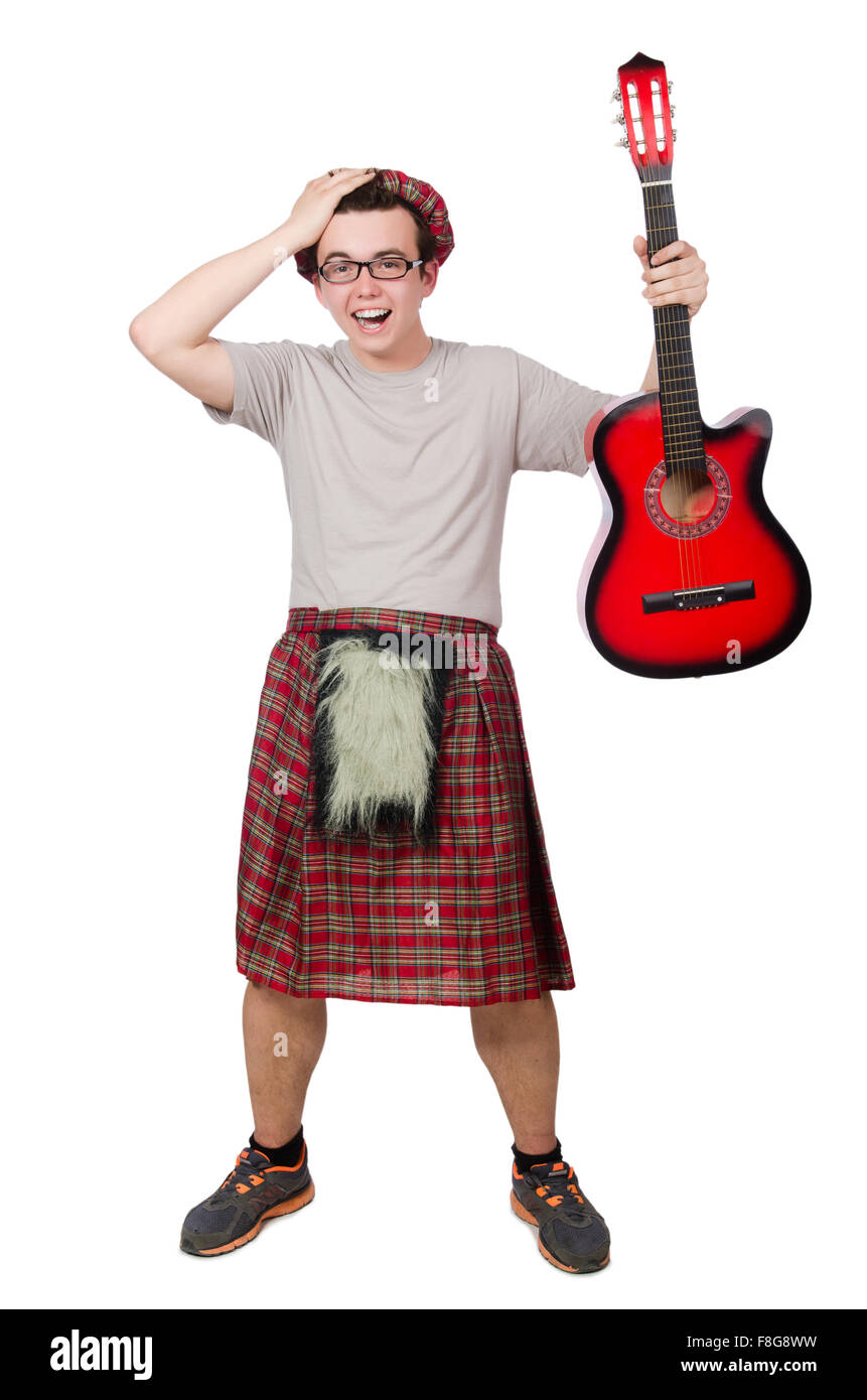 Scotsman playing guitar isolated on white Stock Photo - Alamy