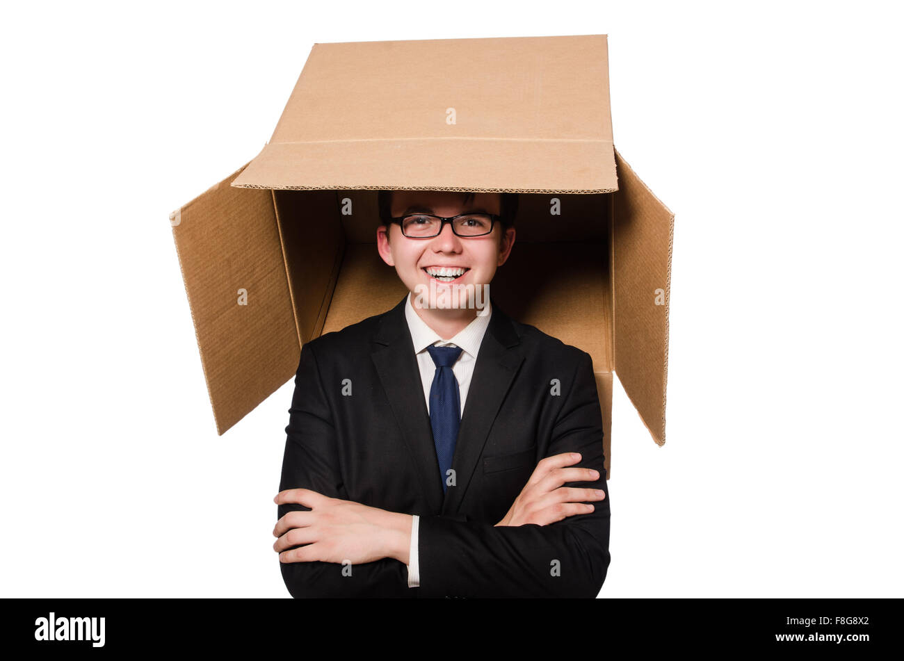 Funny man with boxes isolated on white Stock Photo - Alamy