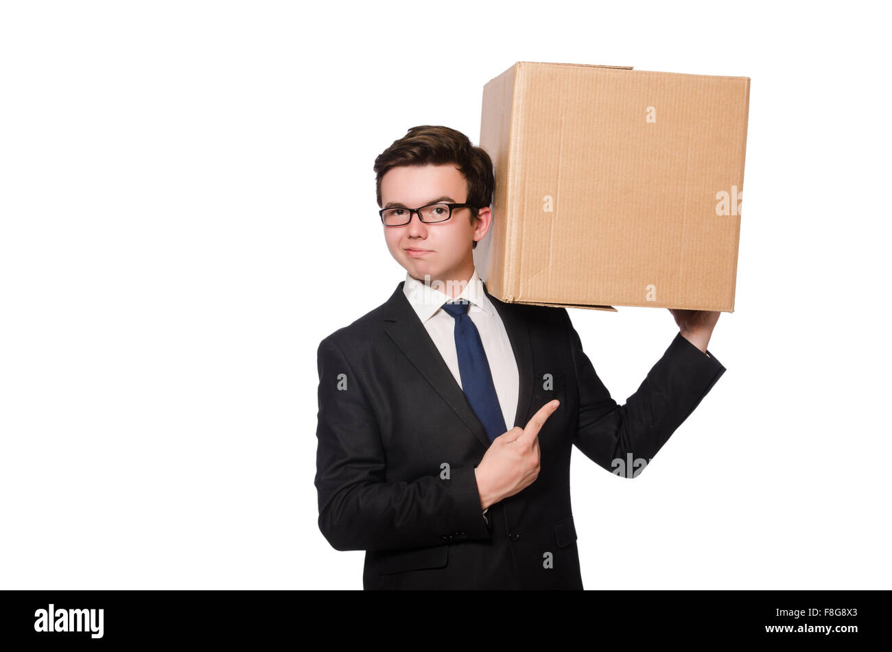 Funny man with boxes isolated on white Stock Photo - Alamy