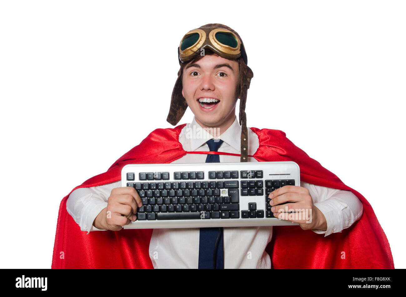 Funny hero with keyboard isolated on the white Stock Photo - Alamy