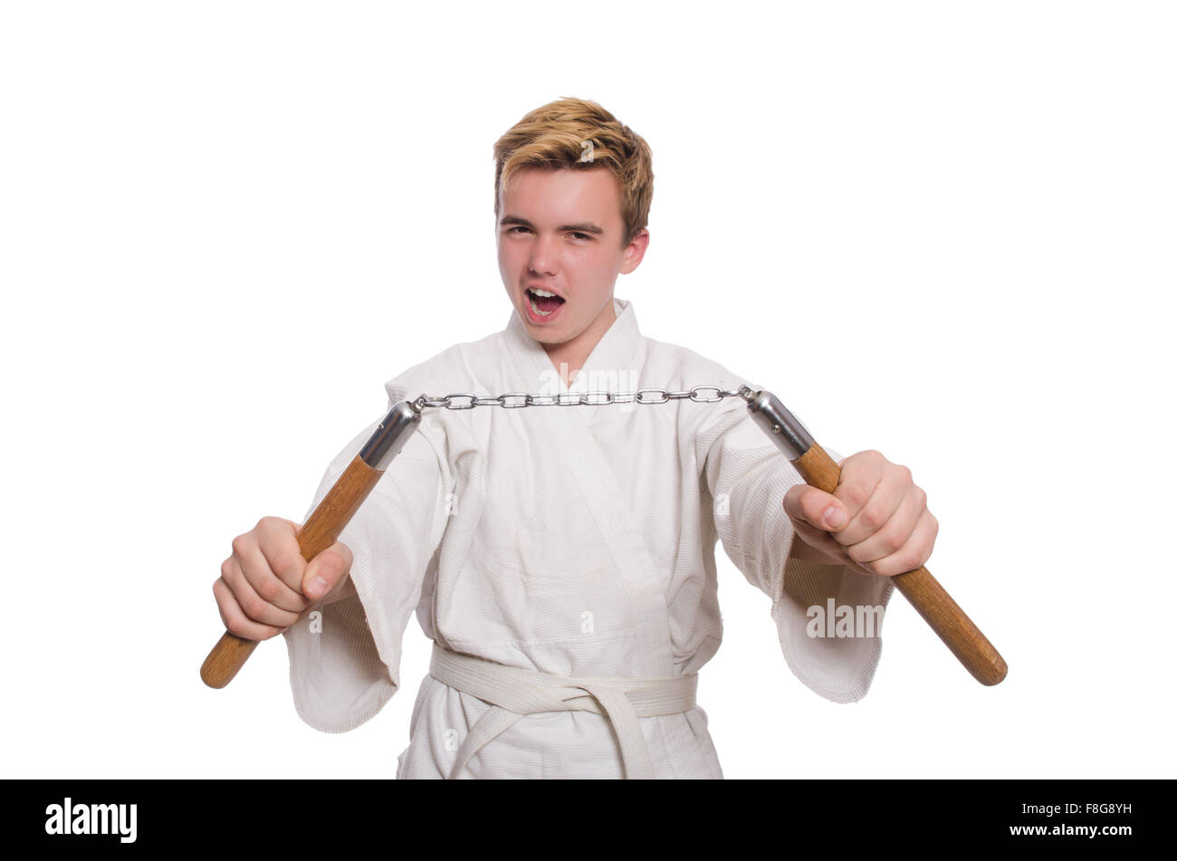 Funny karate fighter with nunchucks on white Stock Photo - Alamy
