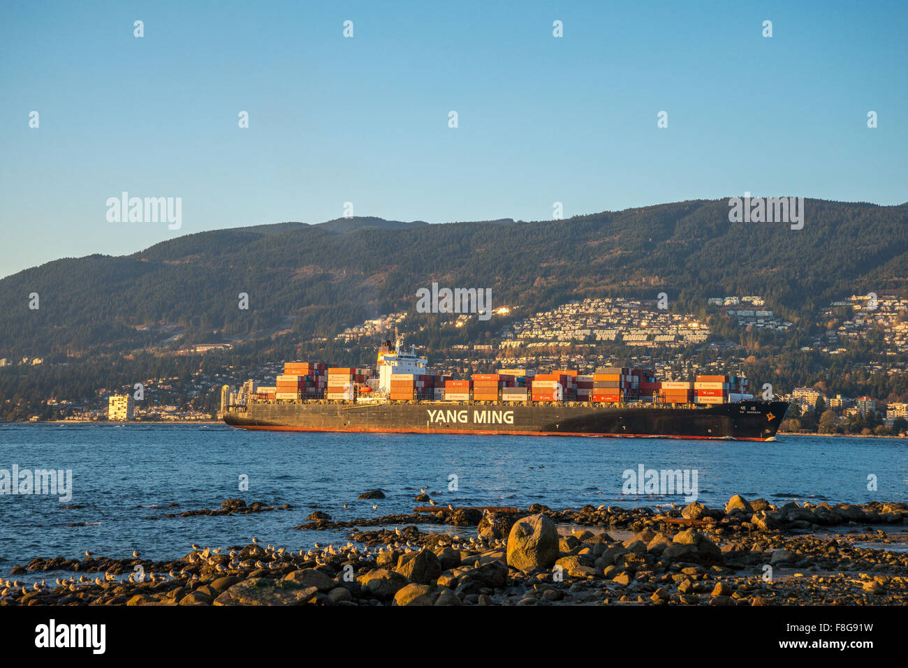 Container ship enters Vancouver harbour by Stanley Park, Vancouver ...