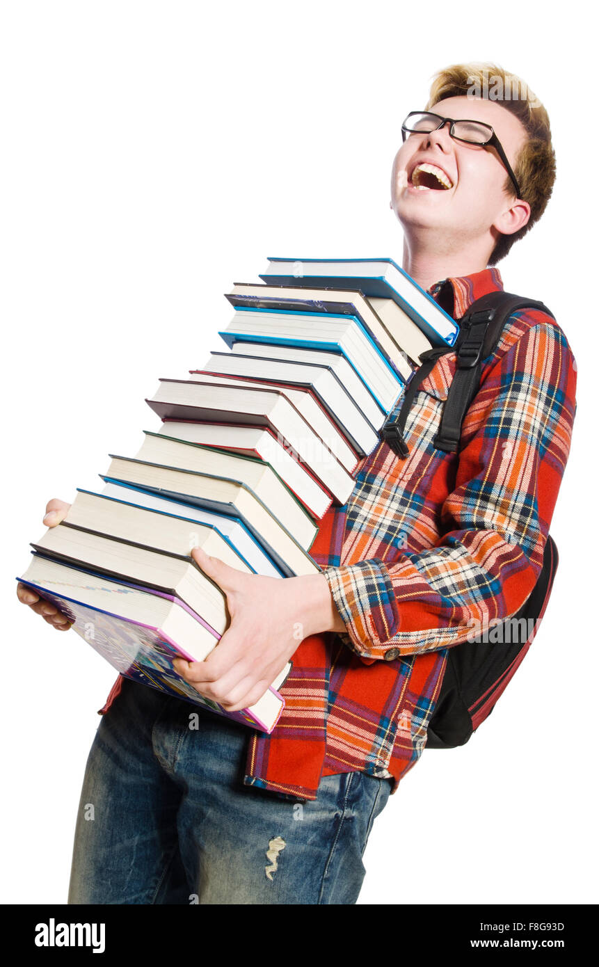 Funny student with lots of books Stock Photo - Alamy