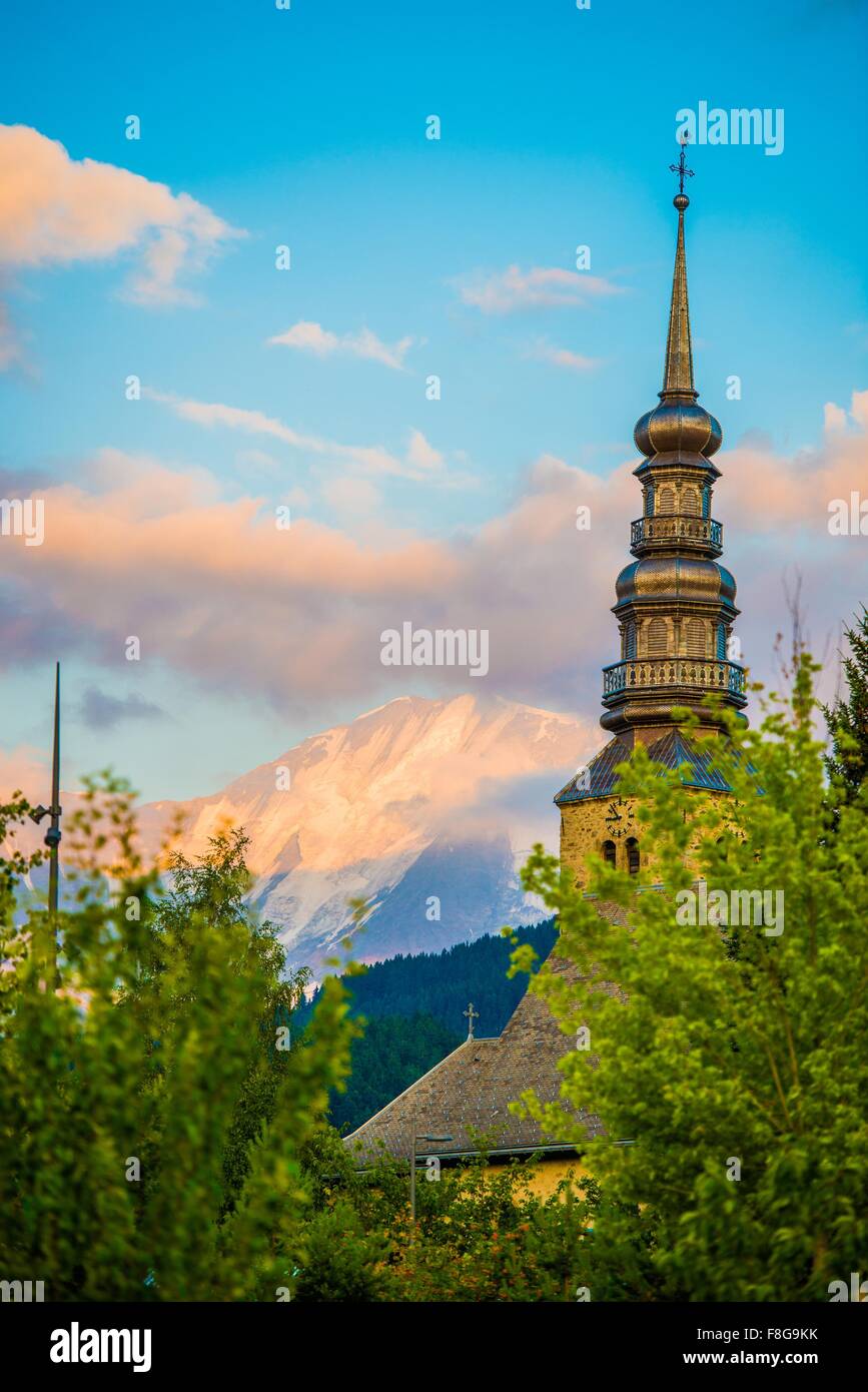 Old French Church and the Mont Blanc. French Alps, Megeve Region ...