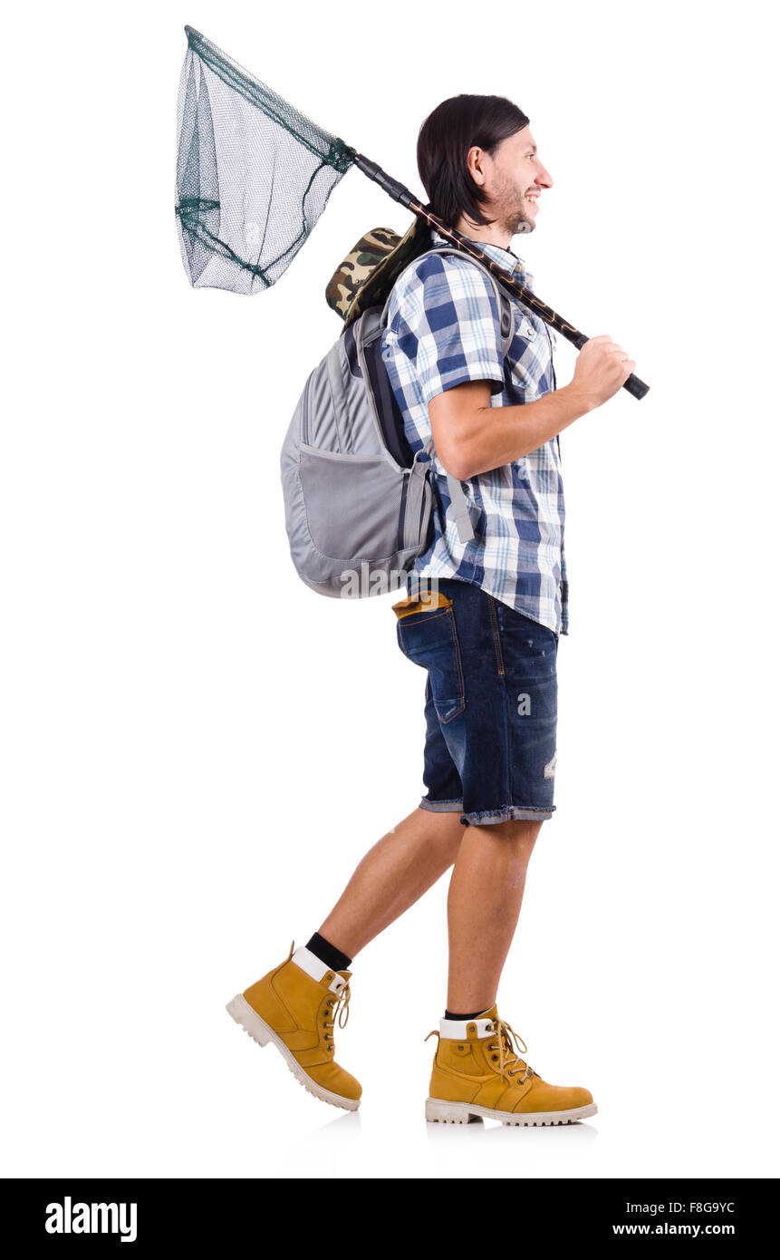 Man with catching net isolated on white Stock Photo - Alamy