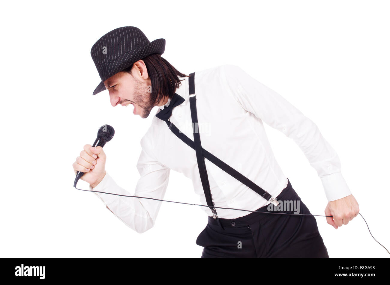 Funny man singing isolated on the white Stock Photo - Alamy