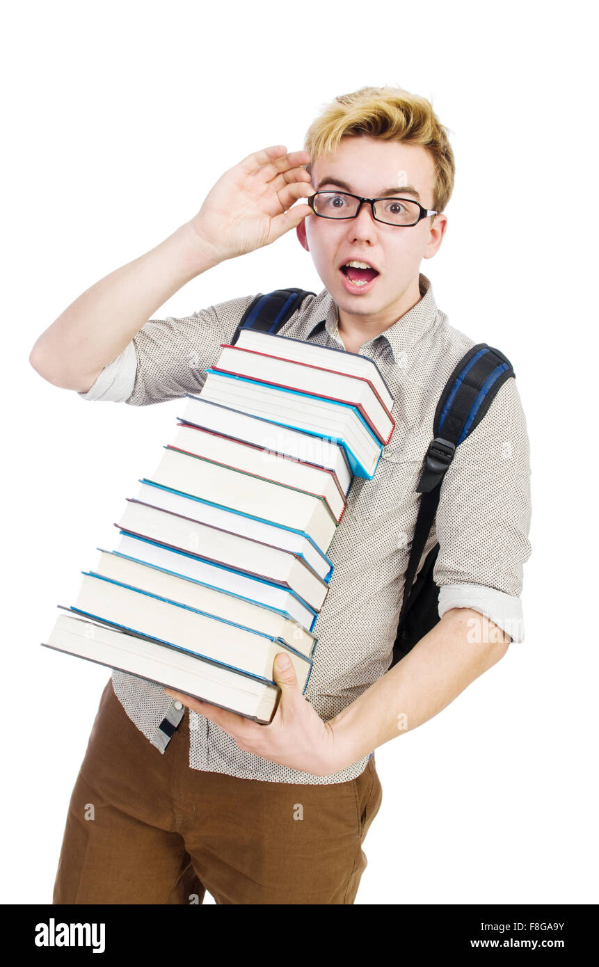 Funny student with stack of books Stock Photo - Alamy