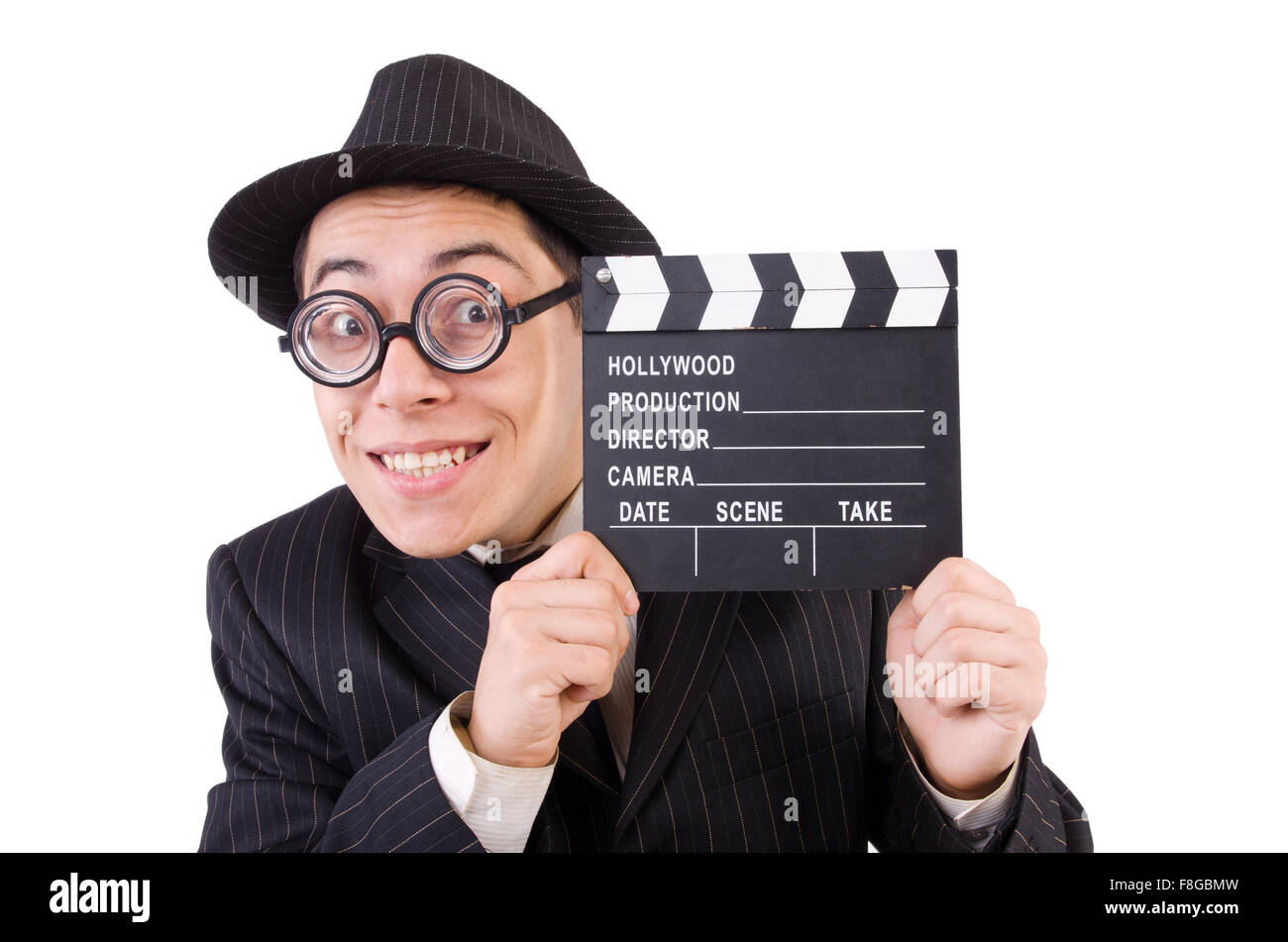 Funny man in elegant suit with movie clapboard isolated on white Stock ...
