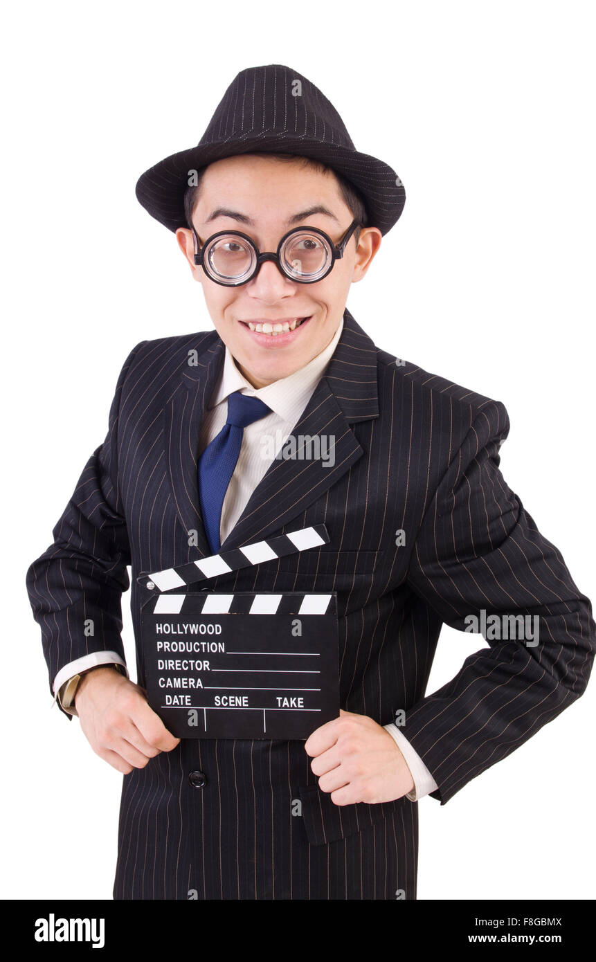 Funny man in elegant suit with movie clapboard isolated on white Stock ...