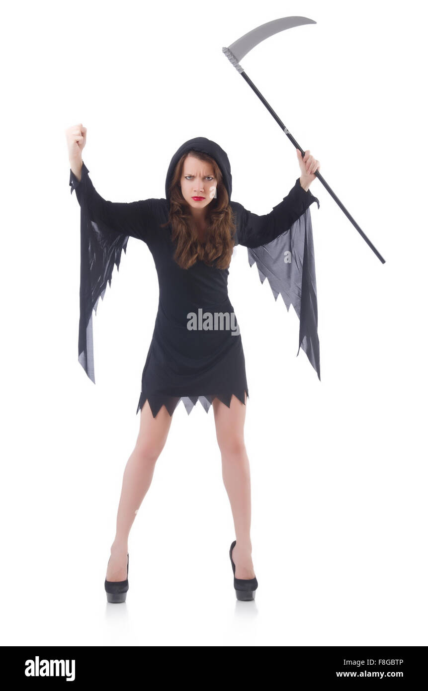Woman in halloween concept with scythe Stock Photo - Alamy