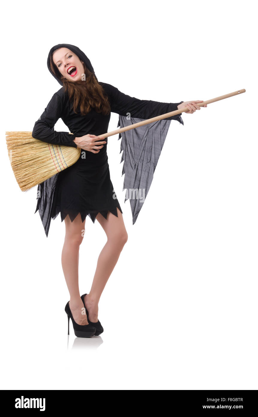 Woman with broom on white Stock Photo - Alamy