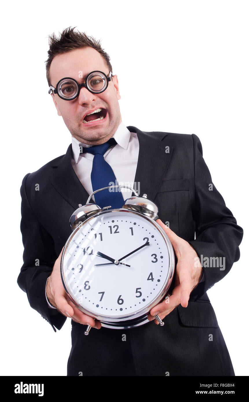 Man with alarm clock isolated on white Stock Photo - Alamy