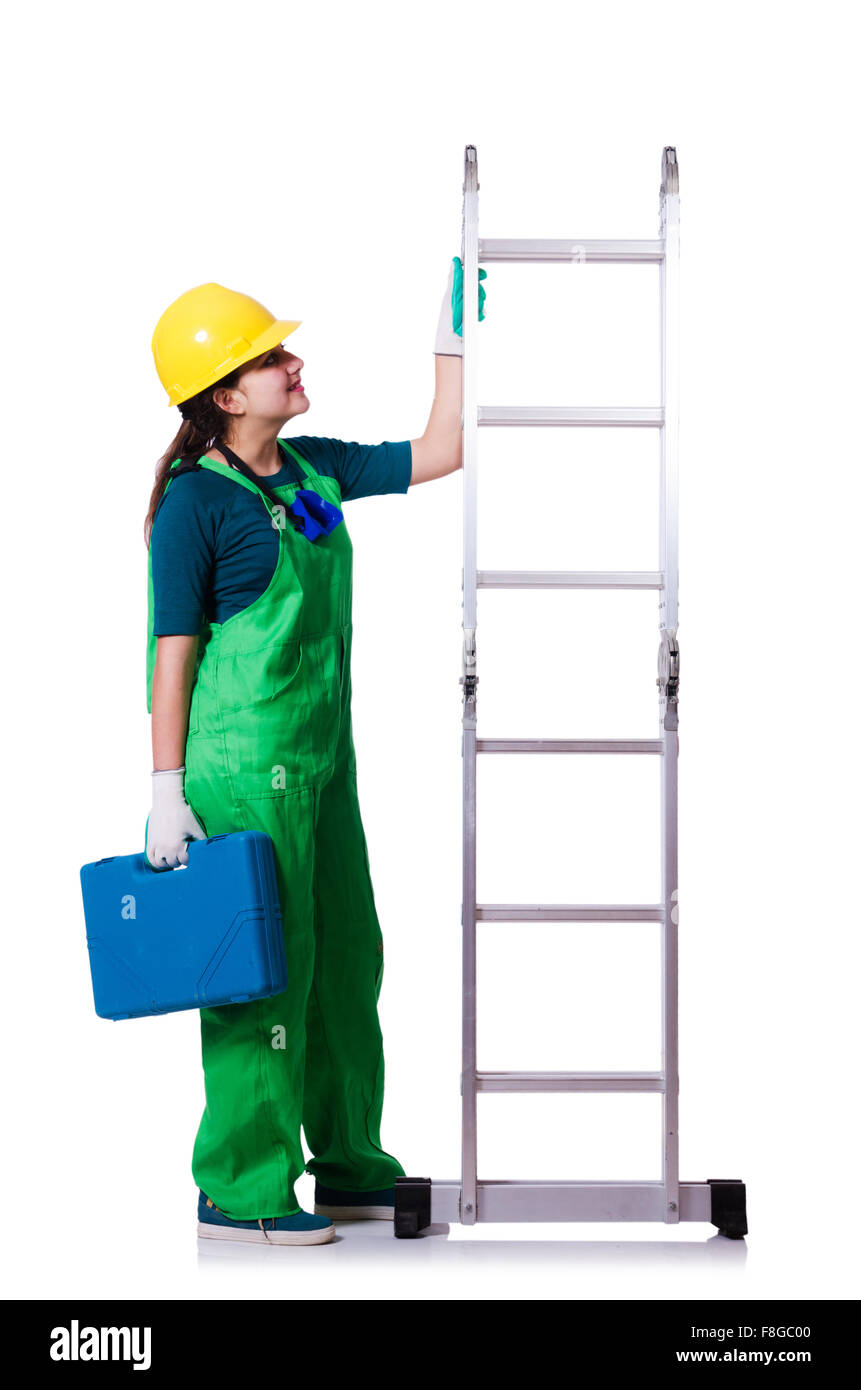 Female construction worker with toolkit and ladder Stock Photo - Alamy