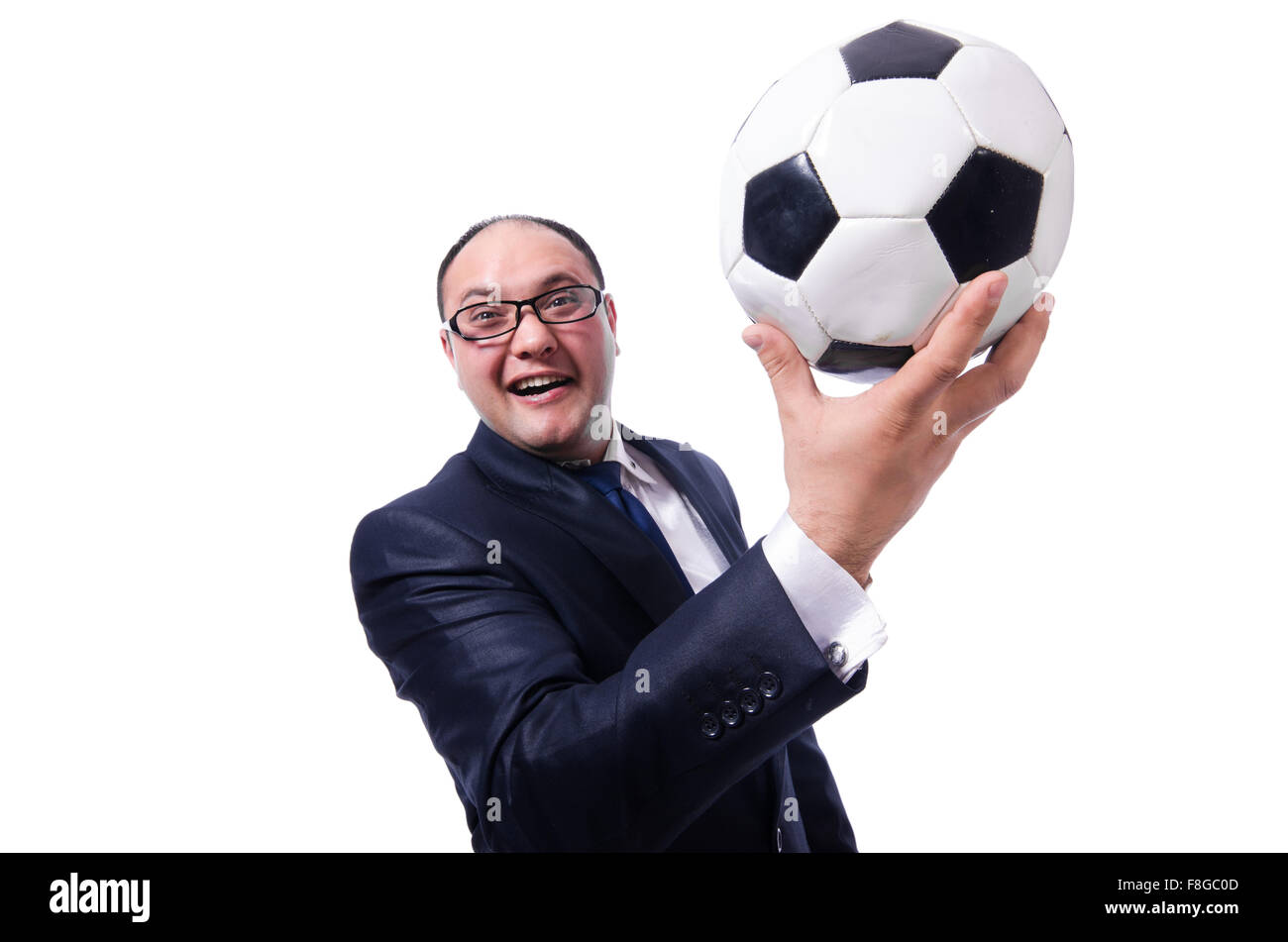 Funny man with football isolated on white Stock Photo - Alamy