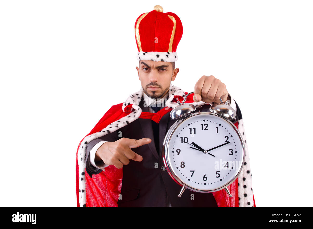 Man king with clock isolated on the white Stock Photo - Alamy
