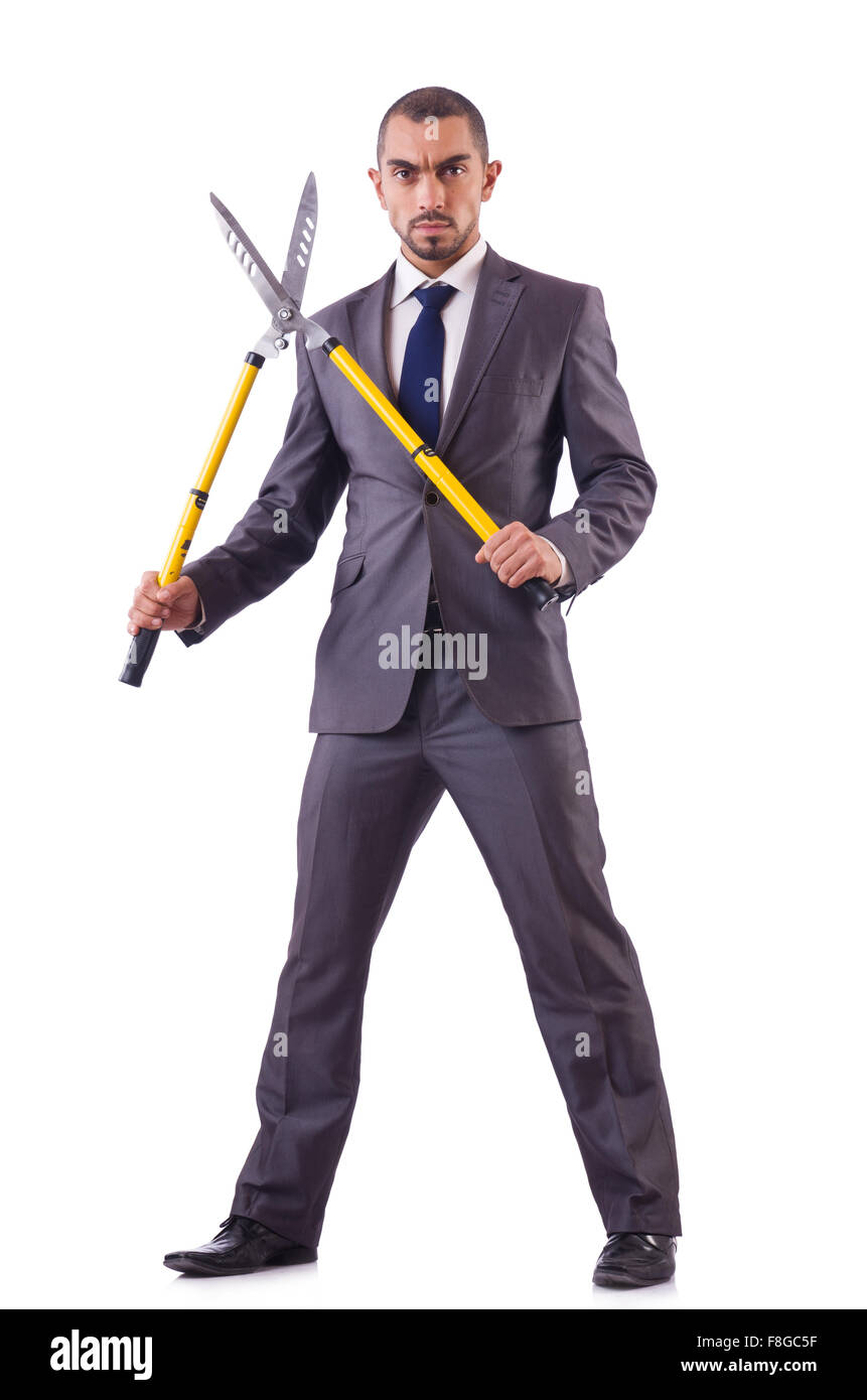 Man with shears in job cutting concept Stock Photo - Alamy