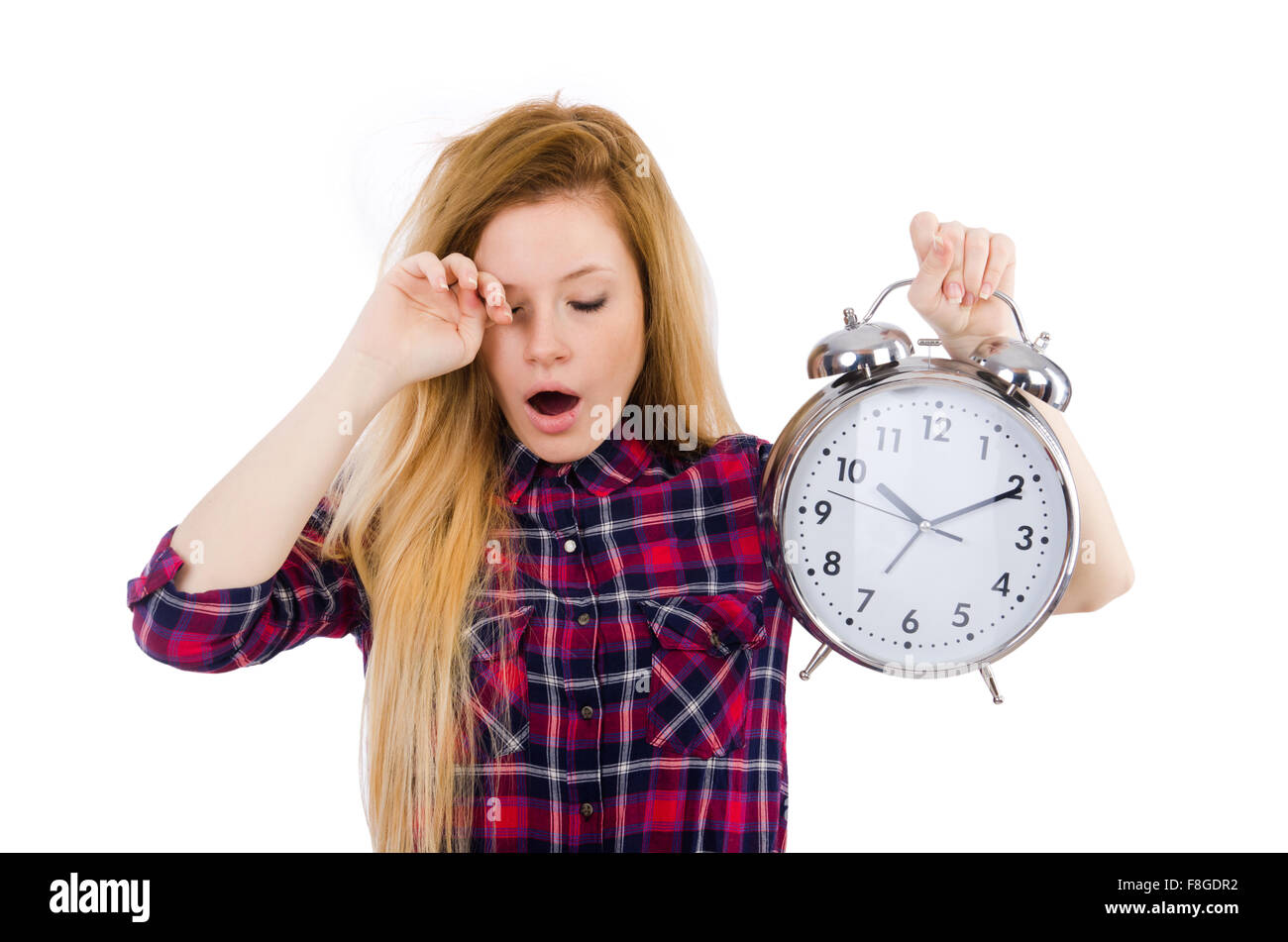 Woman with clock isolated on white Stock Photo - Alamy